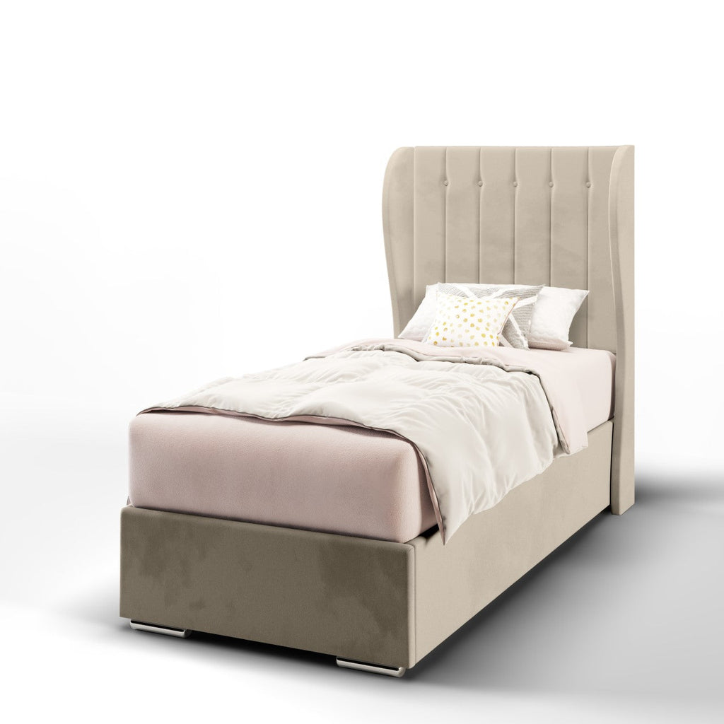 Vertical Panels Fabric Middle Curve Wing Headboard with Frame Bed Base