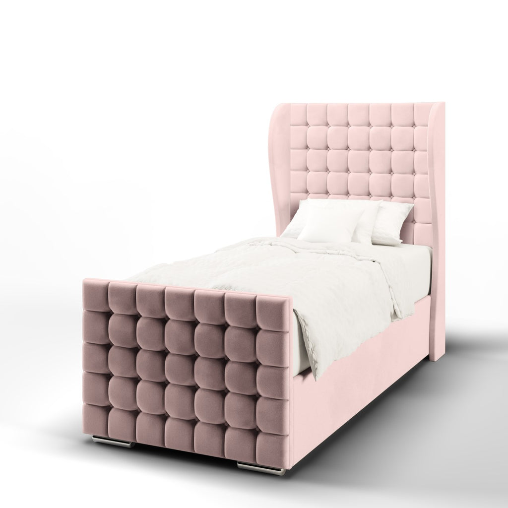 Small Cubic Fabric Middle Curve Wing Headboard with Frame Bed Base Set