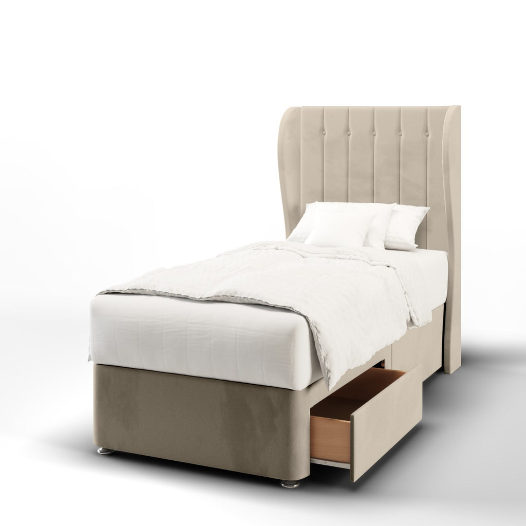 Vertical Panels Buttoned Middle Curve Wing Headboard Divan Bed